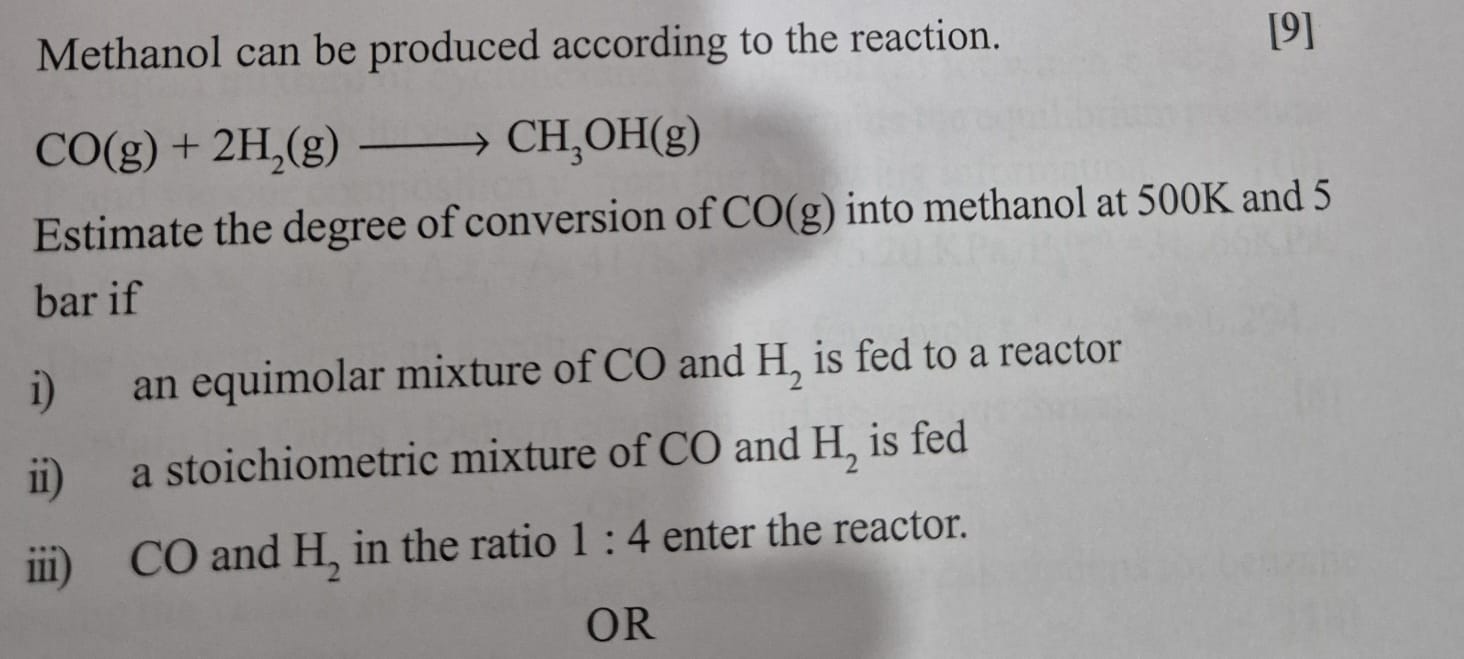 Solved Methanol can be ﻿produced according to ﻿the | Chegg.com