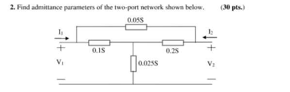 Solved (30 pts.) 2. Find admittance parameters of the | Chegg.com