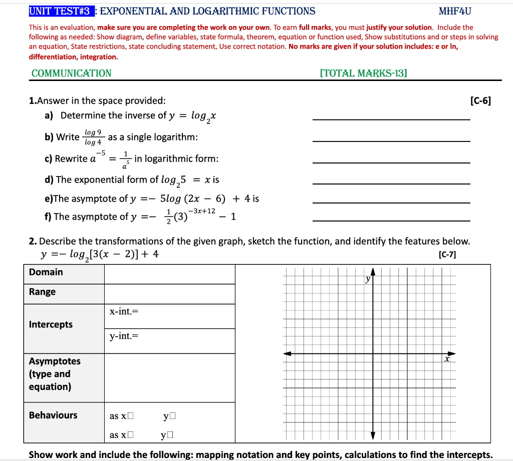Solved UNIT TEST#3 : EXPONENTIAL AND LOGARITHMIC FUNCTIONS | Chegg.com