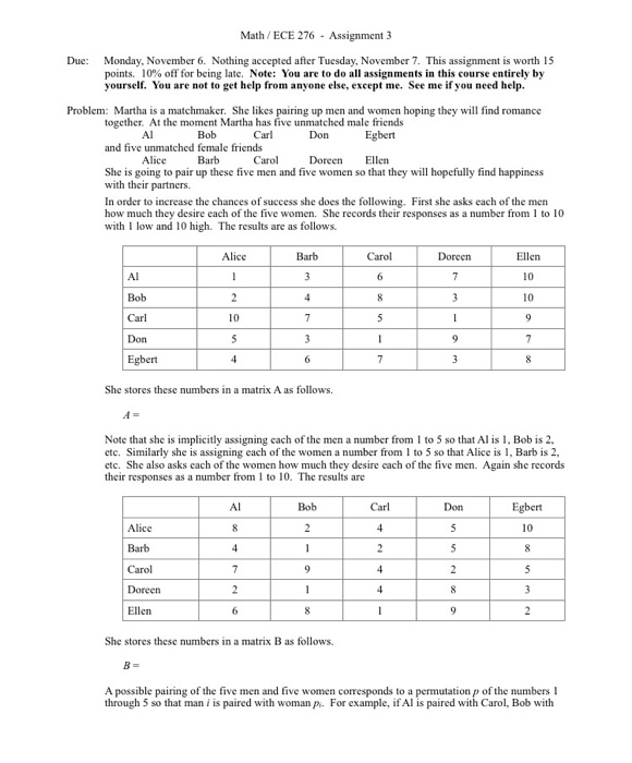 Solved Math ECE 276 Assignment3 Due: Monday, November 6. | Chegg.com