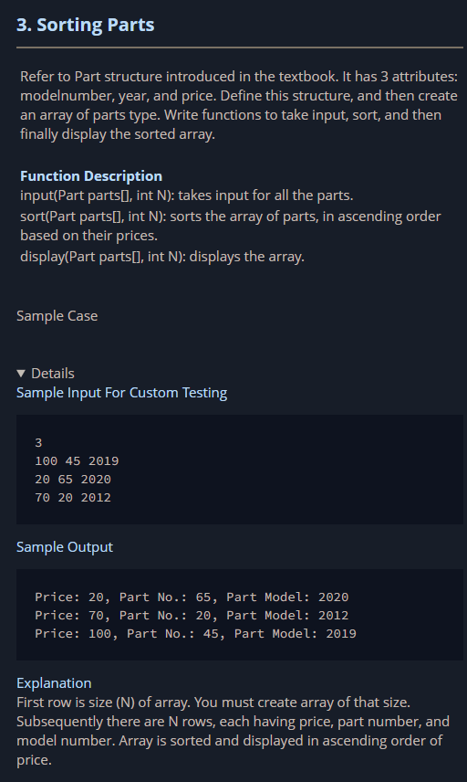 Solved 3. Sorting Parts Refer to Part structure introduced | Chegg.com