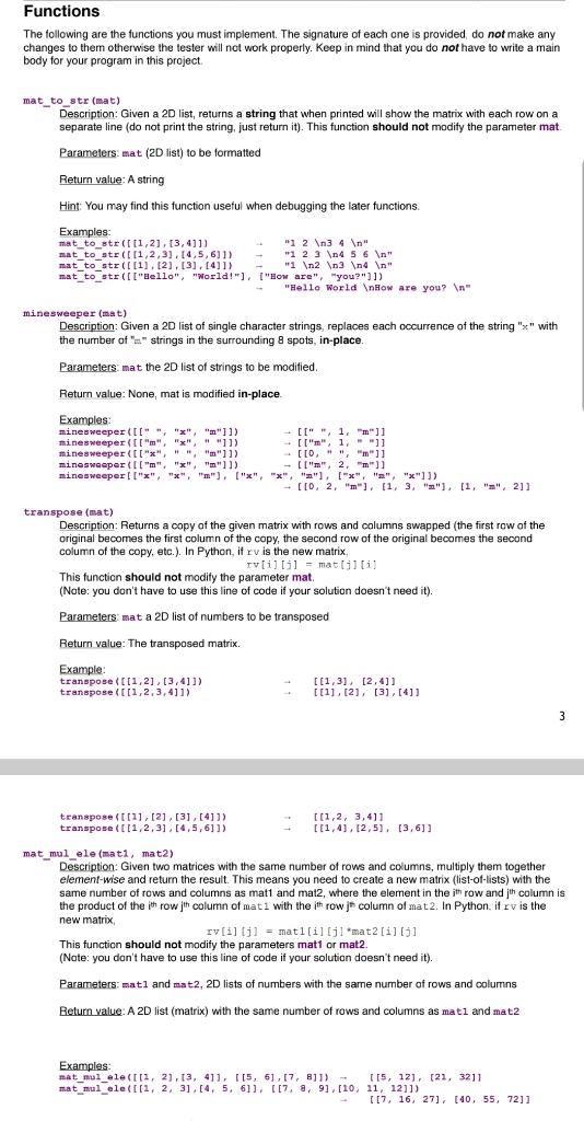 Solved Functions The following are the functions you must | Chegg.com