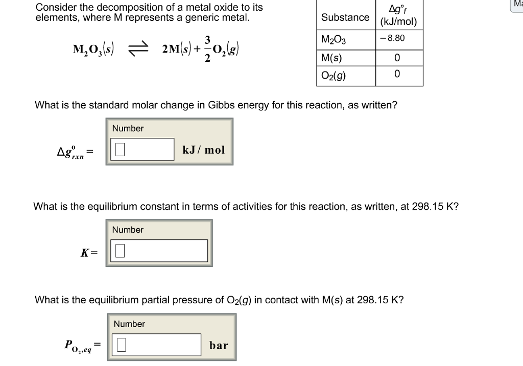 Solved Consider the decomposition of a metal oxide to its | Chegg.com
