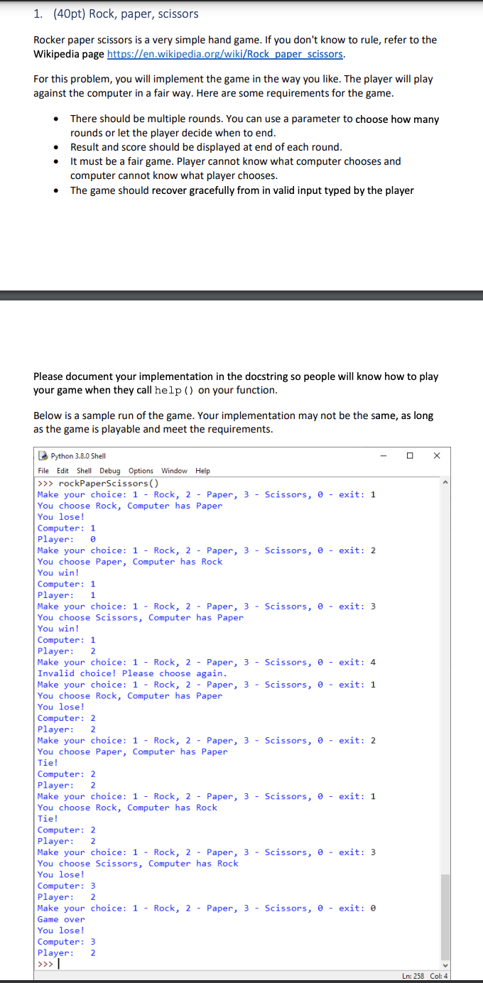Solved 1. (40pt) Rock, paper, scissors Rocker paper scissors | Chegg.com