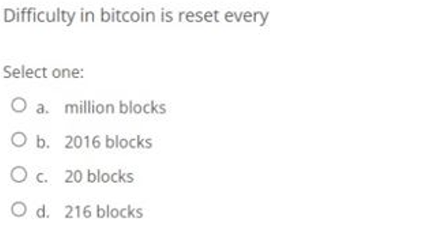 Solved Difficulty in bitcoin is reset every Select one: a. | Chegg.com
