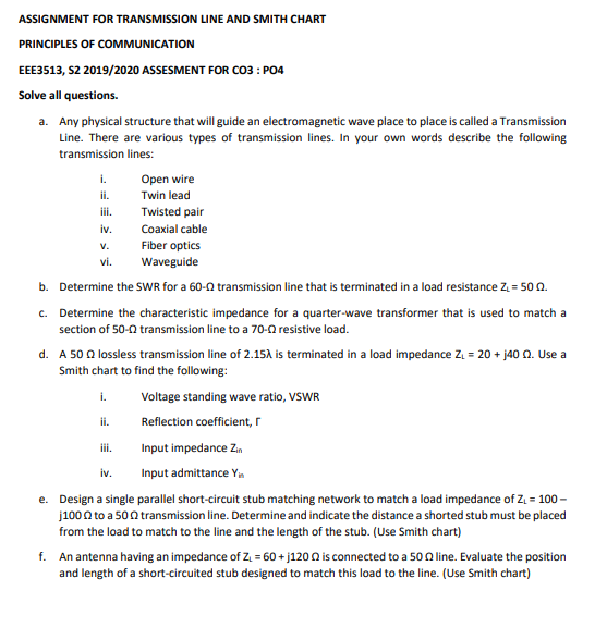 iv. V. ASSIGNMENT FOR TRANSMISSION LINE AND SMITH | Chegg.com
