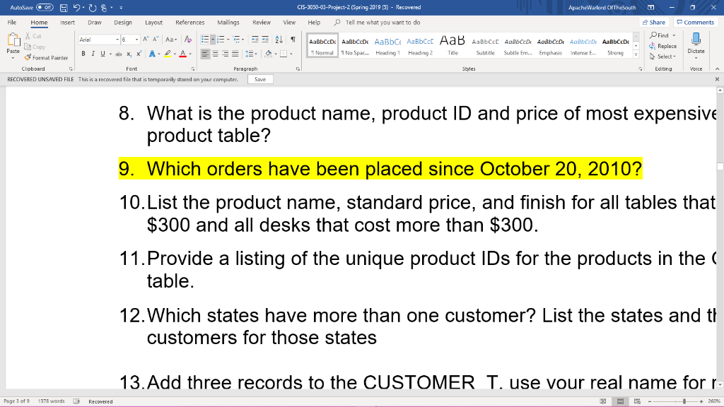 Solved CIS-3050-03-Project-2 (Spring 2019 [5) - Recovered | Chegg.com