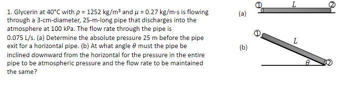 Solved 1. Glycerin at 40∘C with ρ=1252 kg/m3 and μ=0.27 | Chegg.com