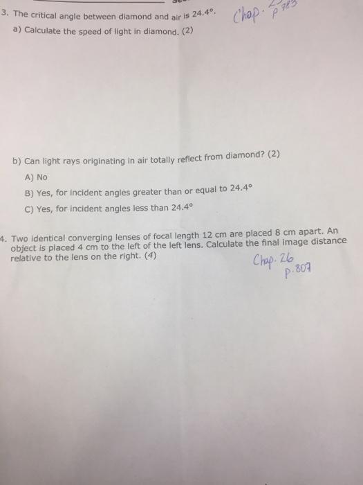 Solved The critical angle between diamond and air is 24.4 | Chegg.com