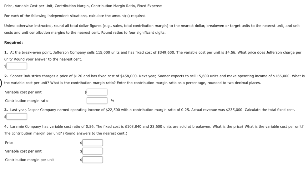 Solved Price, Variable Cost per Unit, Contribution Margin, | Chegg.com