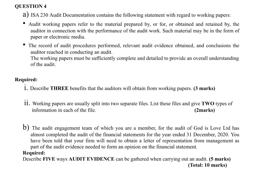 Solved QUESTION 4 a) ISA 230 Audit Documentation contains | Chegg.com