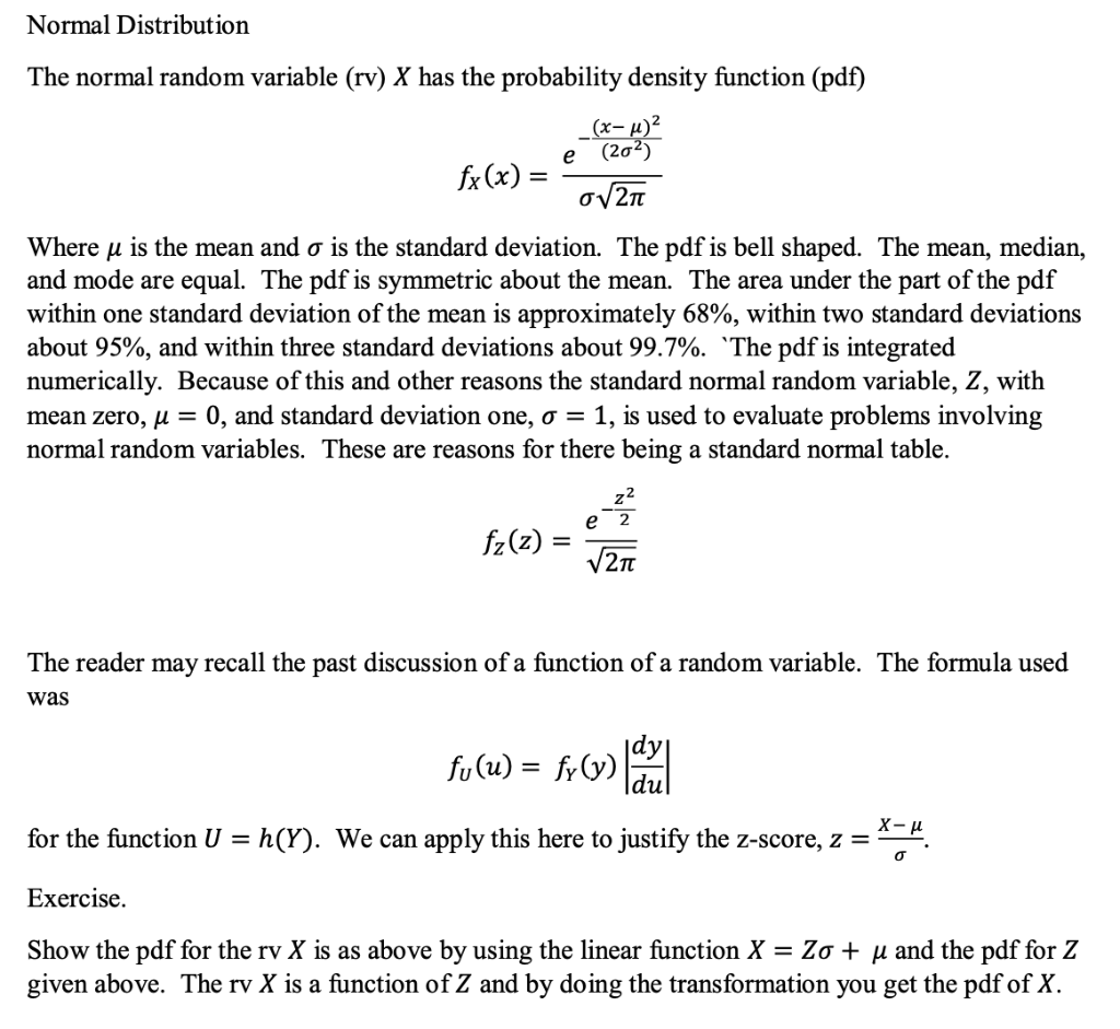 Solved Normal Distribution The normal random variable (rv) X | Chegg.com