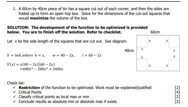 Solved 1. A 60 cm by 40 cm piece of tin has a square cut out | Chegg.com