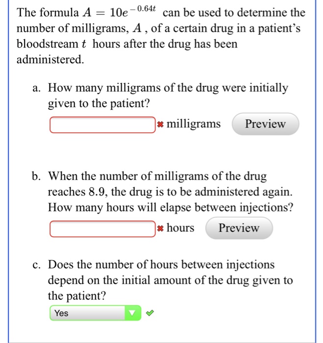 Solved The formula A = 10,0 number of milligrams, A, of a | Chegg.com