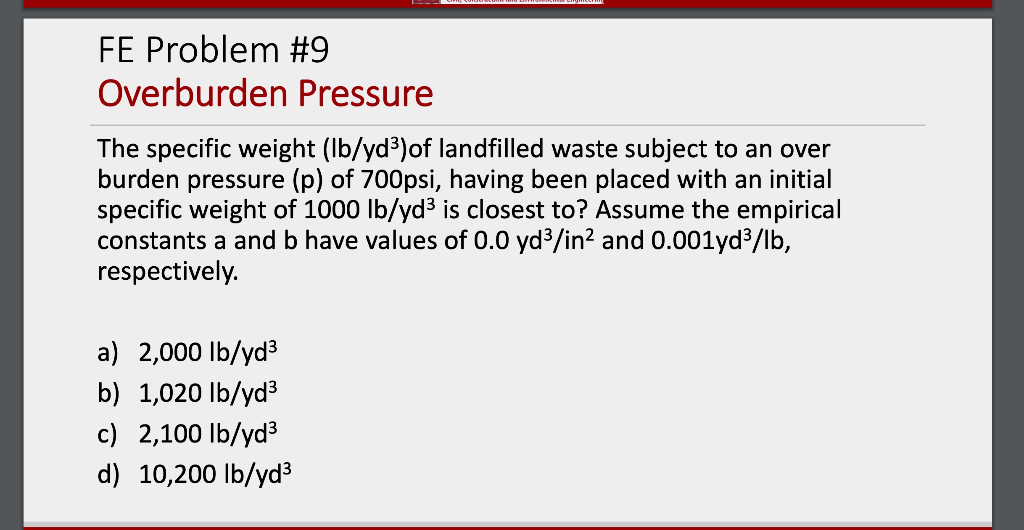 Solved FE Problem #9 Overburden Pressure The specific weight | Chegg.com