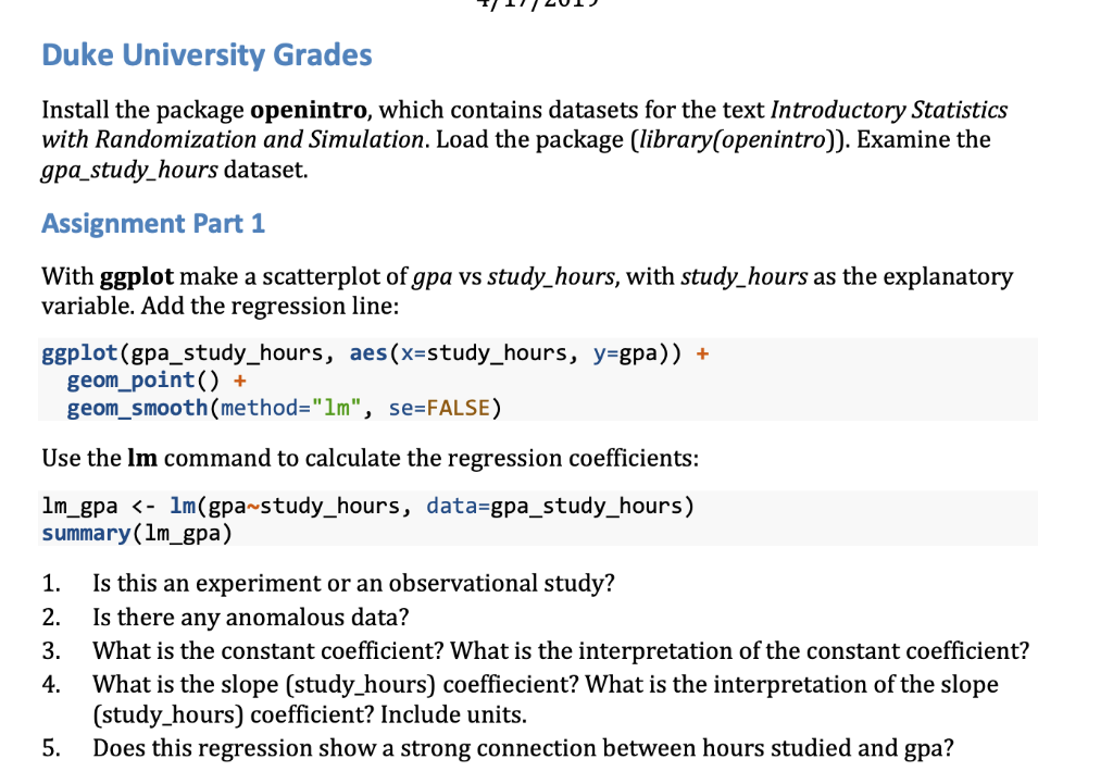Duke University Grades Install the package openintro, | Chegg.com
