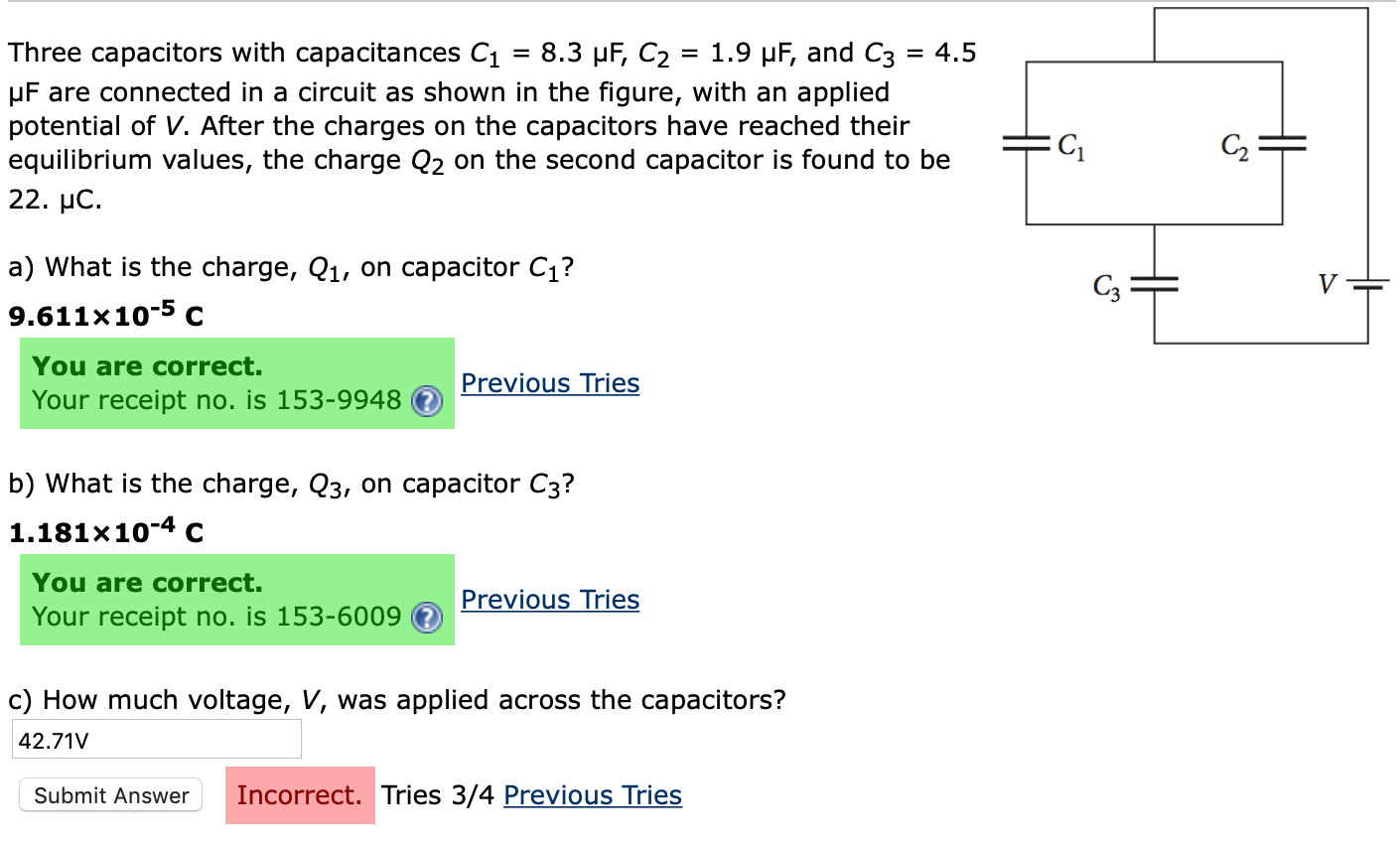 Solved Three capacitors with capacitances C1=8.3μF,C2=1.9μF, | Chegg.com