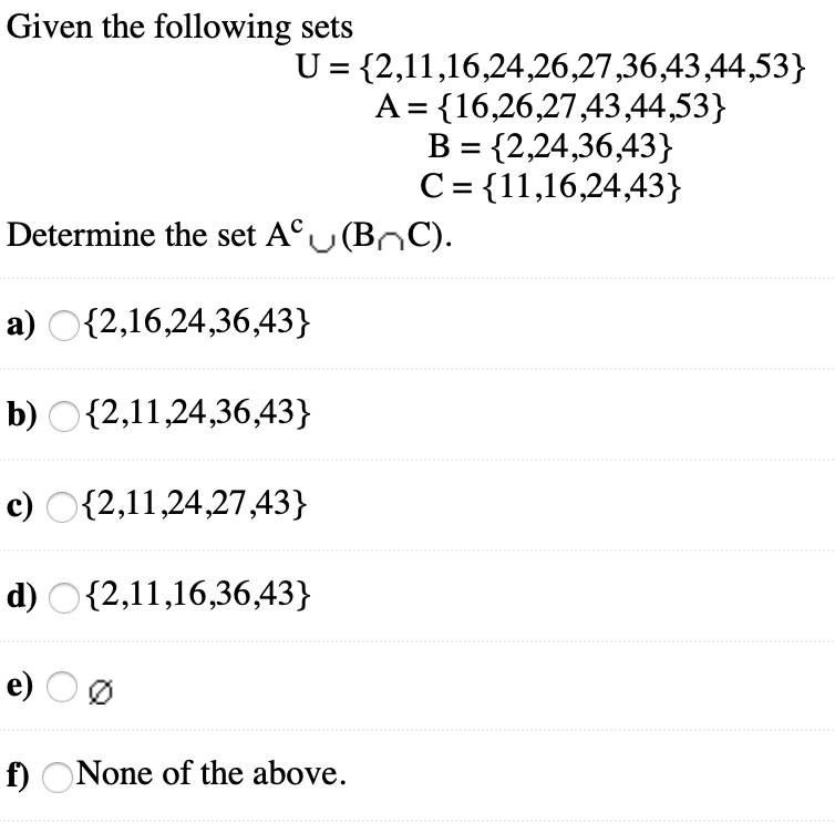 Solved Given the following sets U = | Chegg.com