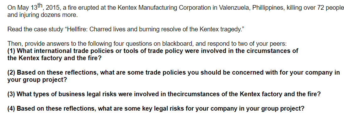 Solved On May 13th ,2015, a fire erupted at the Kentex | Chegg.com
