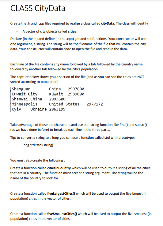 CLASS City Create the .h and.cpp files required to | Chegg.com