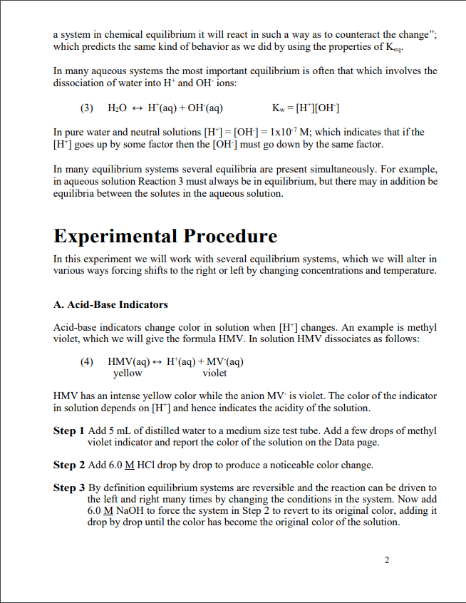Solved Experiment 1 Chemical Equilibrium In this experiment | Chegg.com