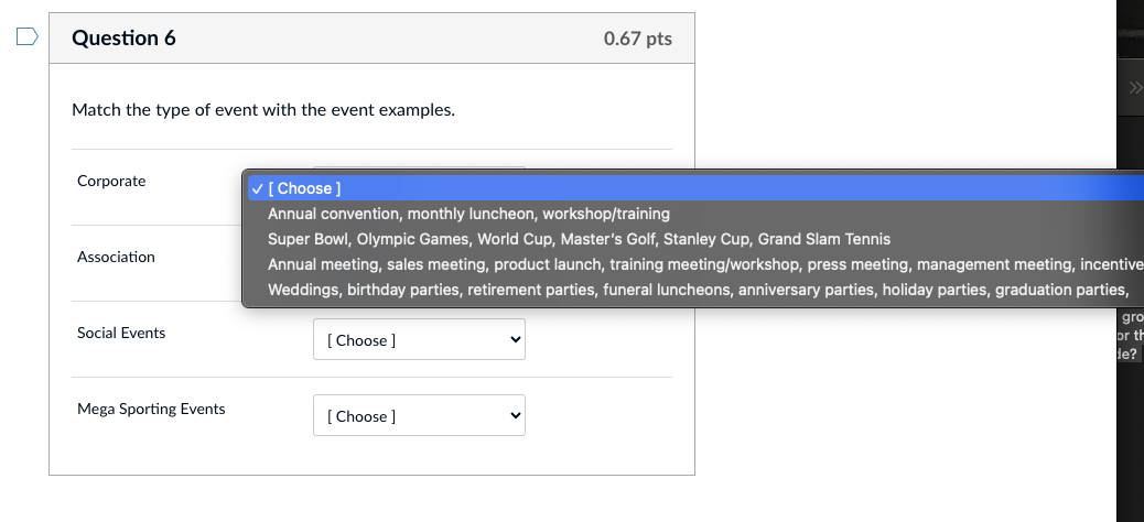 Match the type of event with the event examples. | Chegg.com