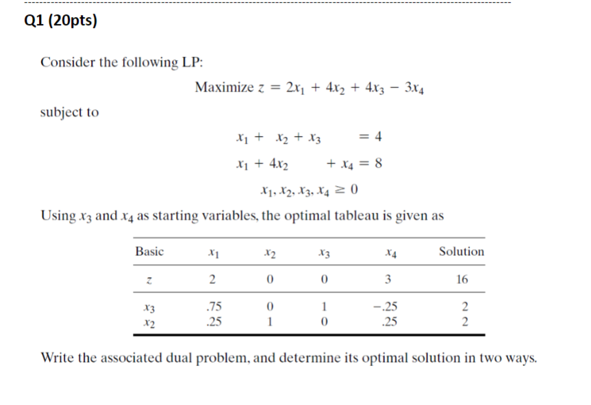 Solved Q1 20pts Consider The Following Lp Maximize Z