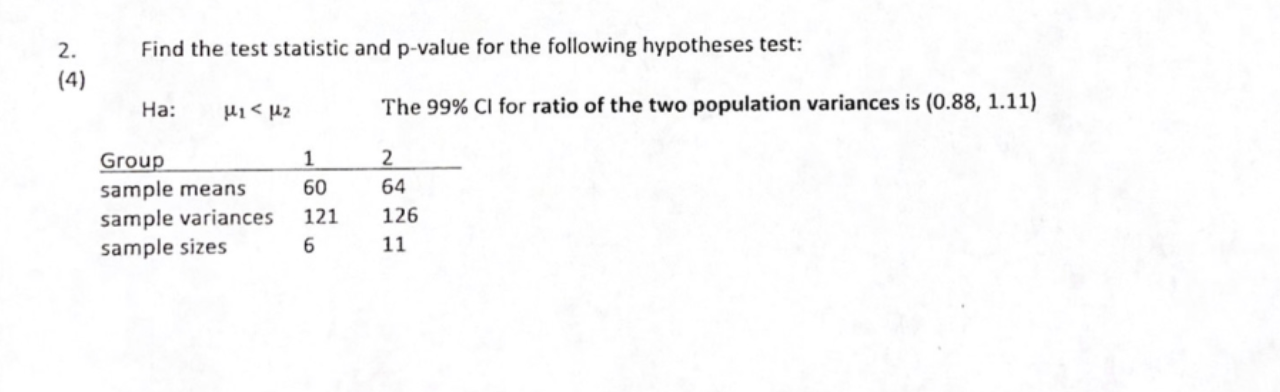Solved Find the test statistic and p-value for the following | Chegg.com