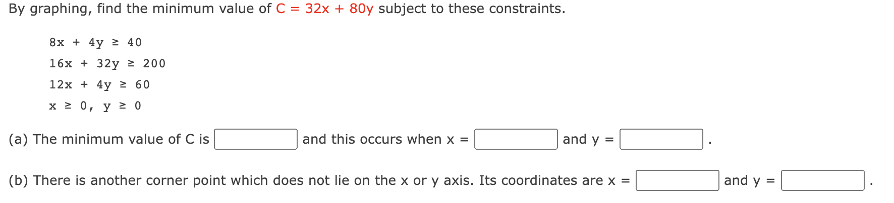 Solved By graphing, find the minimum value of C = 32x + 80y | Chegg.com