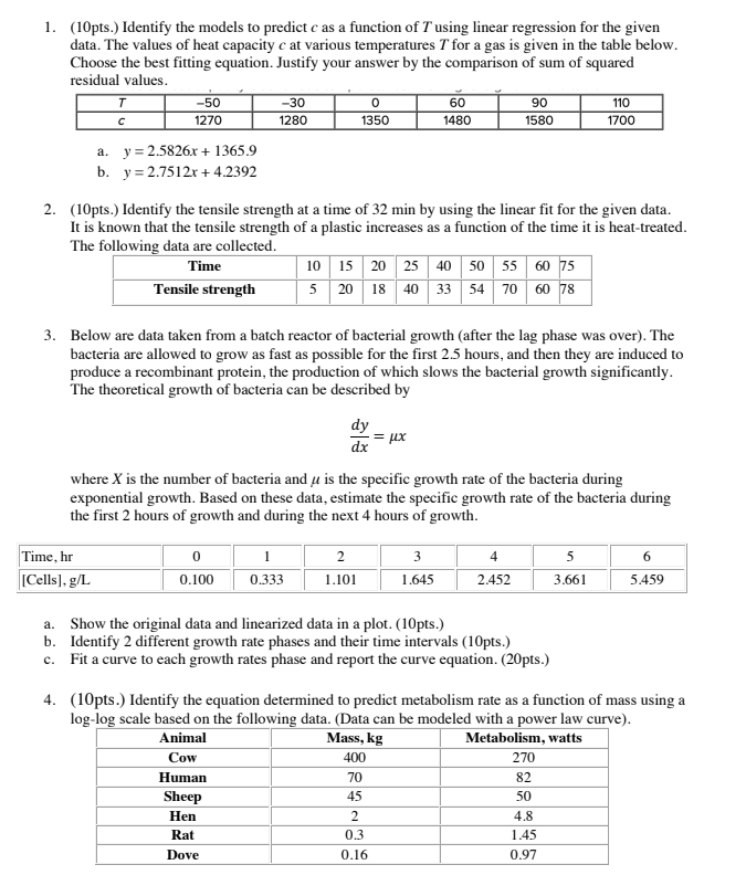 Solved 1. (10pts.) Identify the models to predict c as a | Chegg.com
