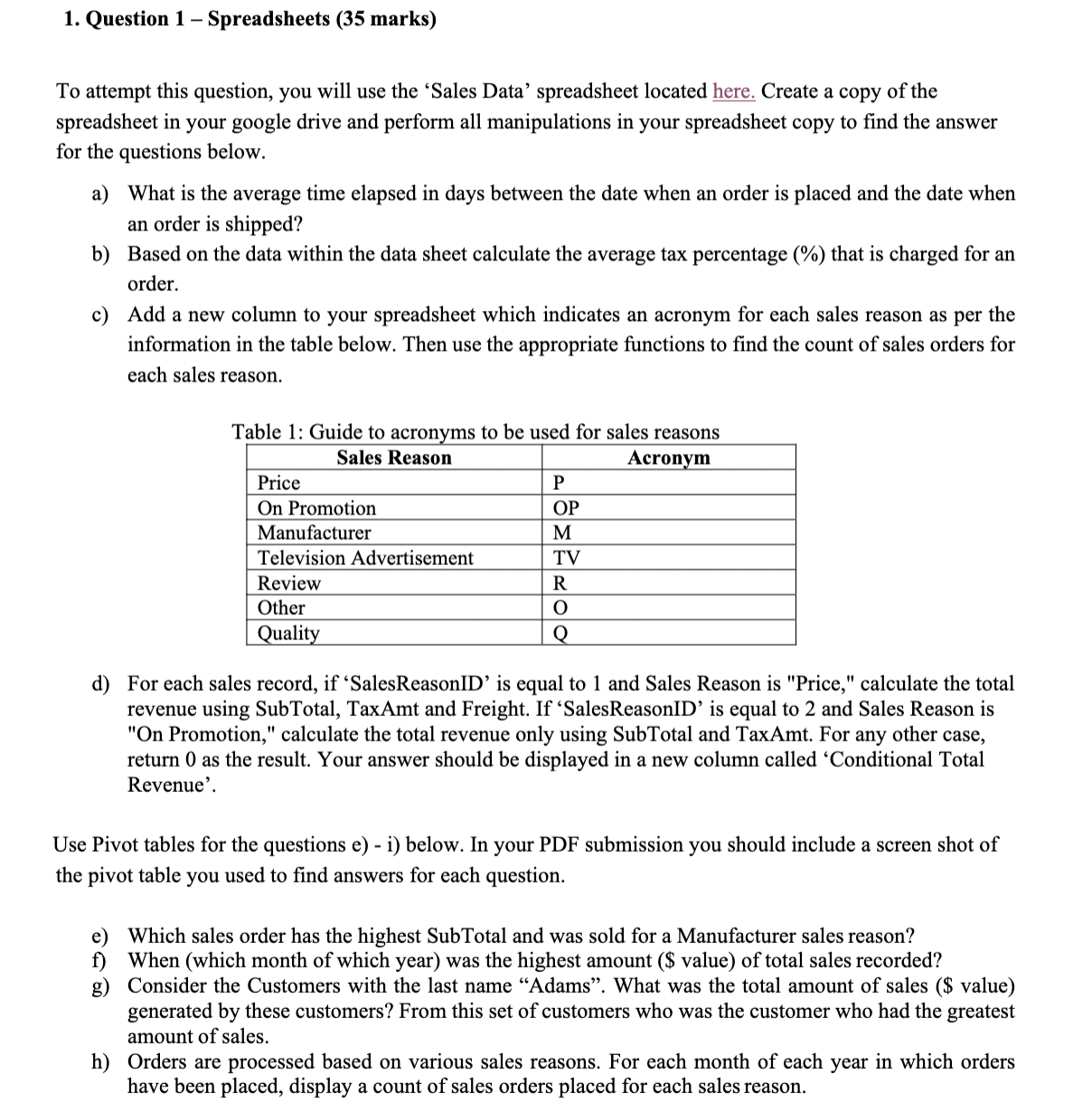 Solved 1. Question 1 - Spreadsheets (35 marks) To attempt | Chegg.com
