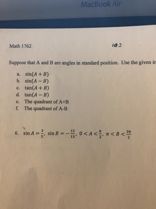 Solved Suppose that A and B are angles in standard position. | Chegg.com