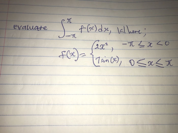 Solved Evaluate integral^-pi^pi f(x) dx, Where; f(x) = | Chegg.com
