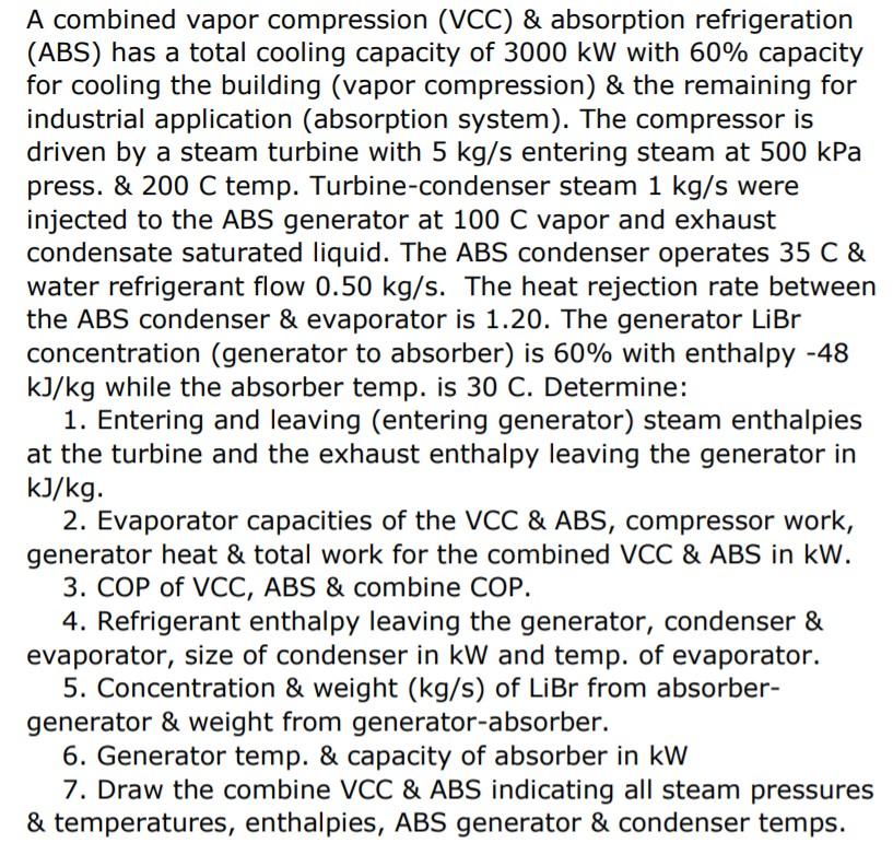 A combined vapor compression (VCC) & absorption | Chegg.com