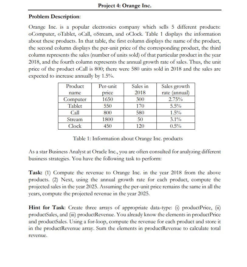 Solved Project 4: Orange Inc.Problem Description:Orange Inc. | Chegg.com