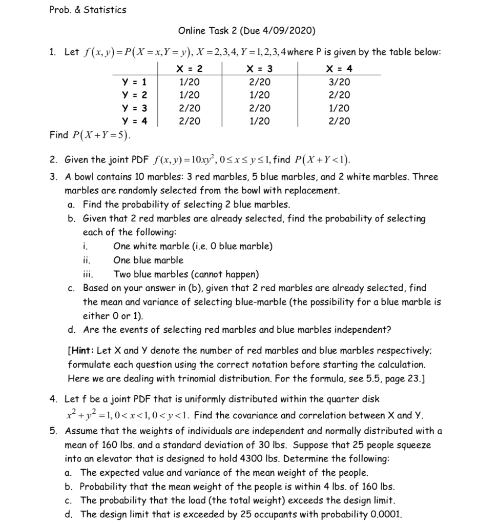Solved Prob. & Statistics Online Task 2 (Due 4/09/2020) 1. | Chegg.com