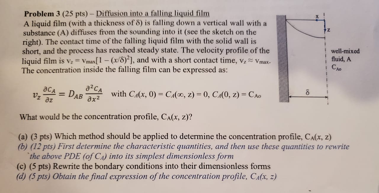Problem 3 (25 pts) - Diffusion into a falling liquid | Chegg.com Problem 3 (25 pts) - Diffusion into a falling liquid | Chegg.com