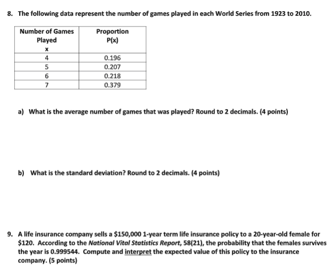 Solved 8. The following data represent the number of games | Chegg.com