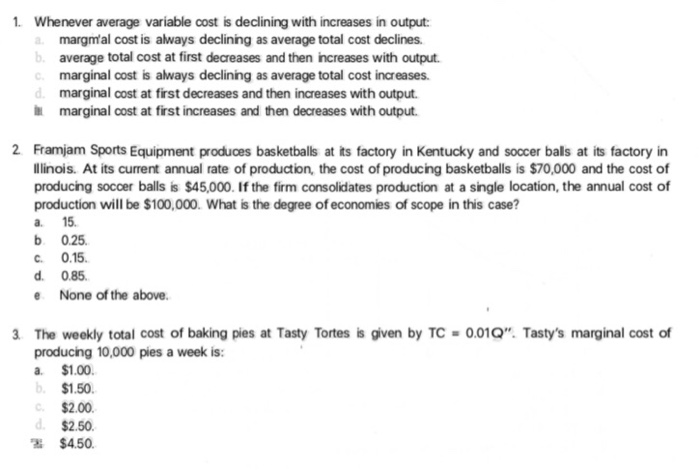 Solved 1. Whenever average variable cost is declining with | Chegg.com