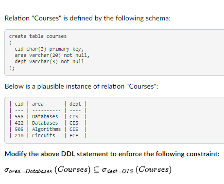 Solved Relation "Courses" is defined by the following | Chegg.com