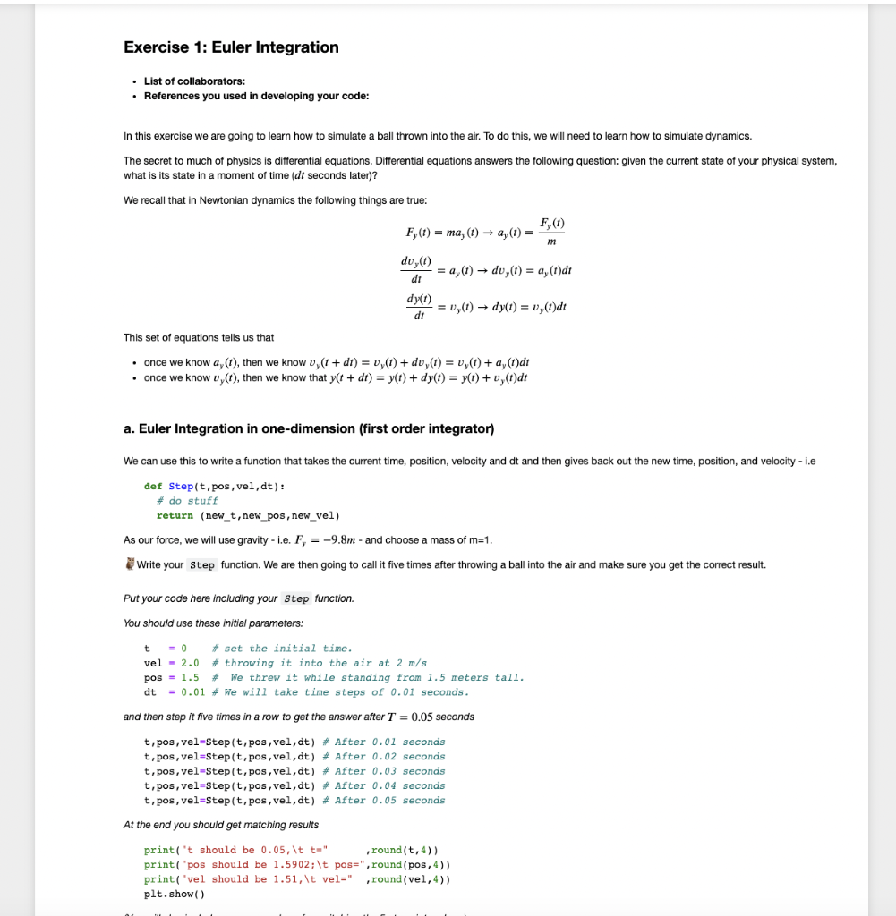 Solved Exercise 1: Euler Integration - List of | Chegg.com