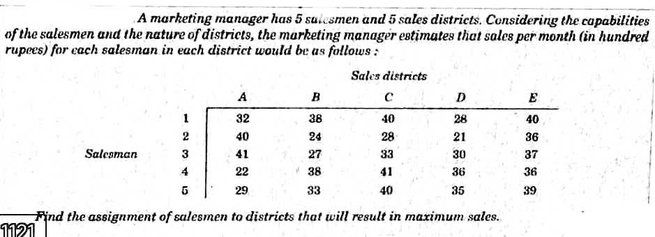 Solved A marketing manager has 5 salusmen and 5 sales | Chegg.com