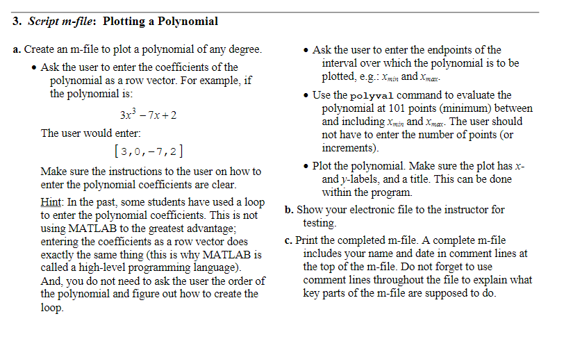 Solved 3 Script M File Plotting A Polynomial A Create An 