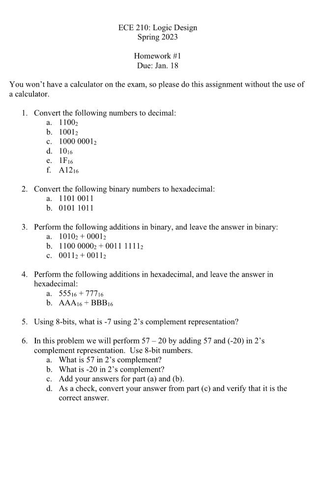 Solved ECE 210: Logic Design Spring 2023 Homework \#1 Due: | Chegg.com