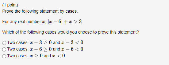Solved (1 point) Prove the following statement by cases. For | Chegg.com Solved (1 point) Prove the following statement by cases. For | Chegg.com