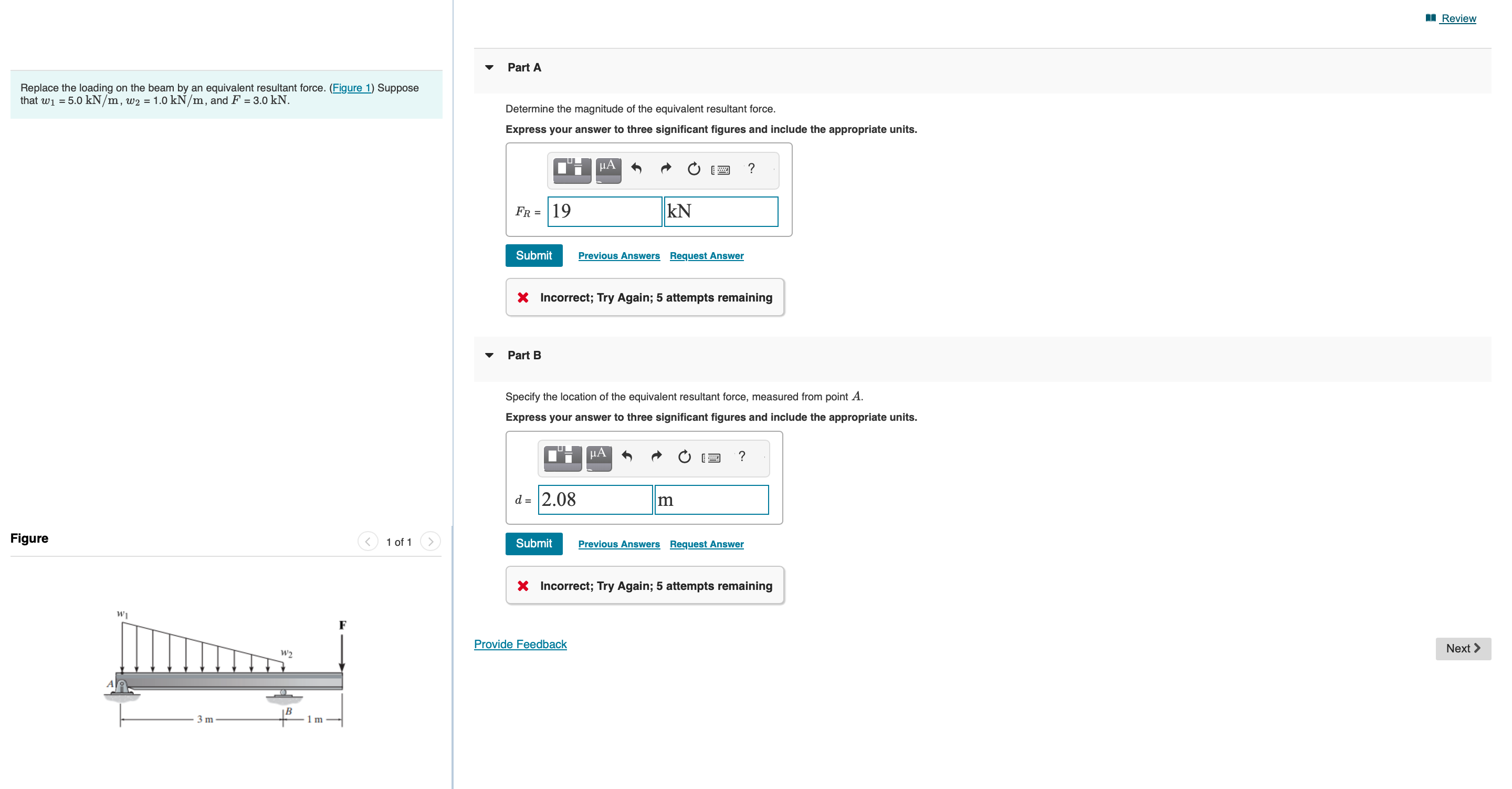 [Solved]: Replace the loading on the beam by an equivalent