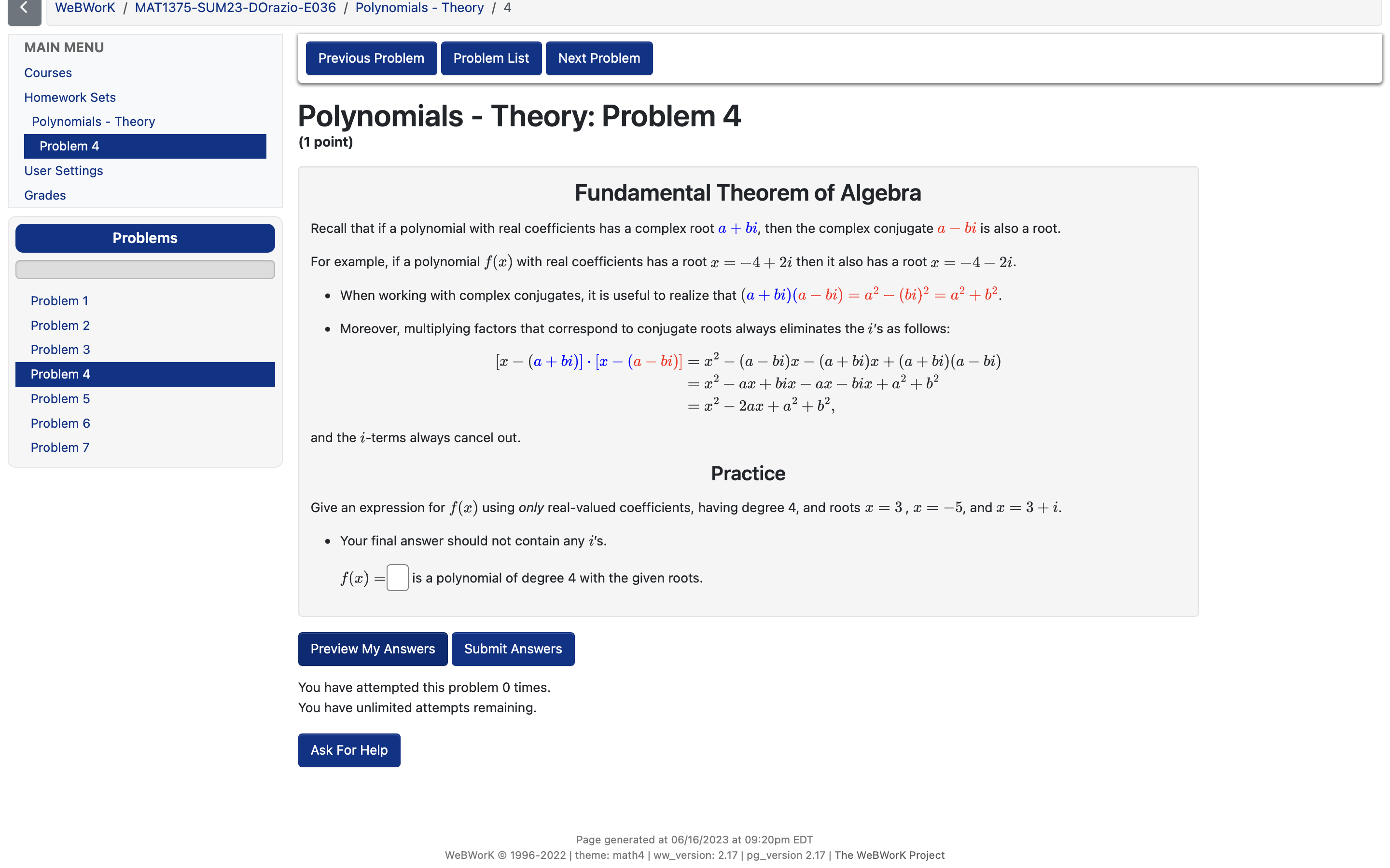 Solved Polynomials - Theory: Problem 4 (1 point) Fundamental | Chegg.com