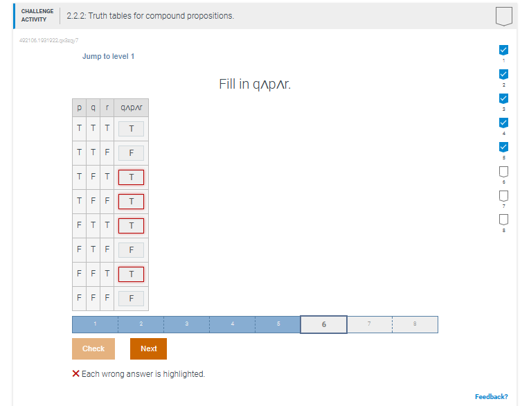 Solved Jump to level 1 Fill in q∧p∧r. 1 2 3 5 × Each wrong | Chegg.com