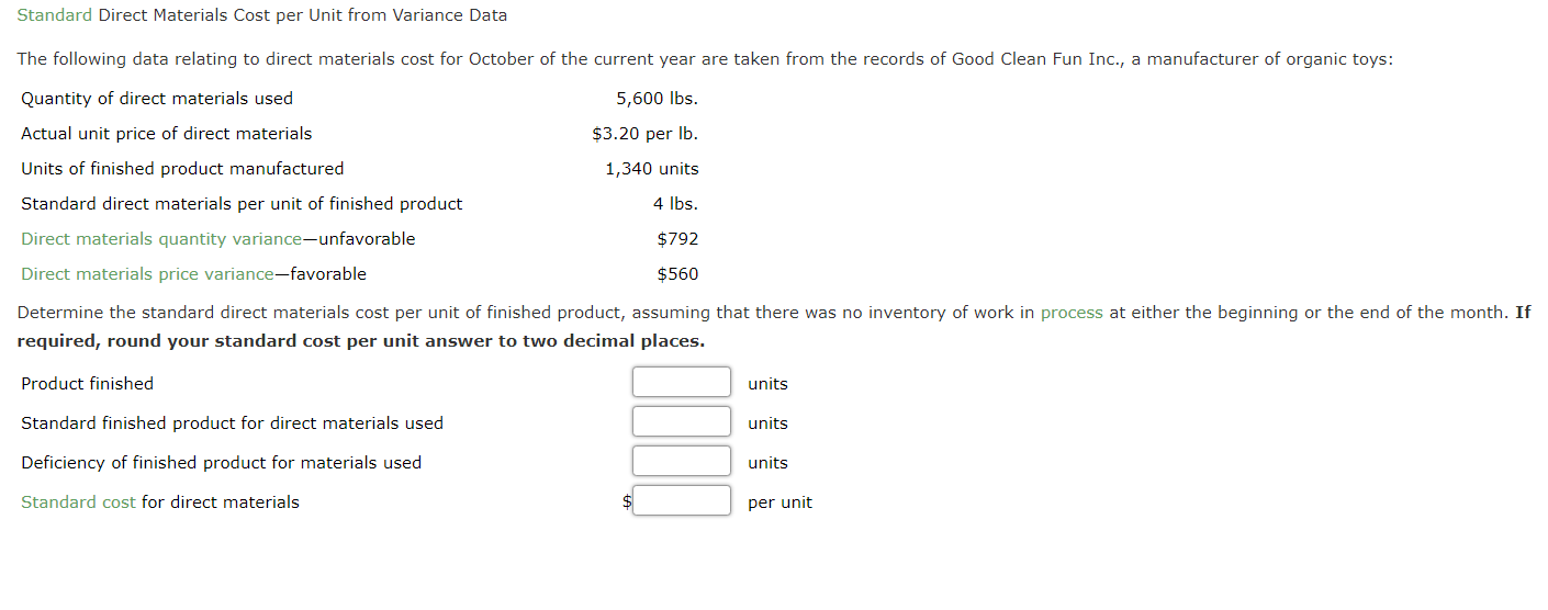 Solved Standard Direct Materials Cost per Unit from Variance | Chegg.com