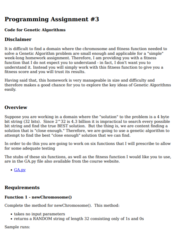 Solved Programming Assignment #3 Code for Genetic Algorithms | Chegg.com
